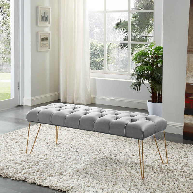 96159 GY BENCH BUTTON TUFTED GREY VELVET W GOLD LEGS